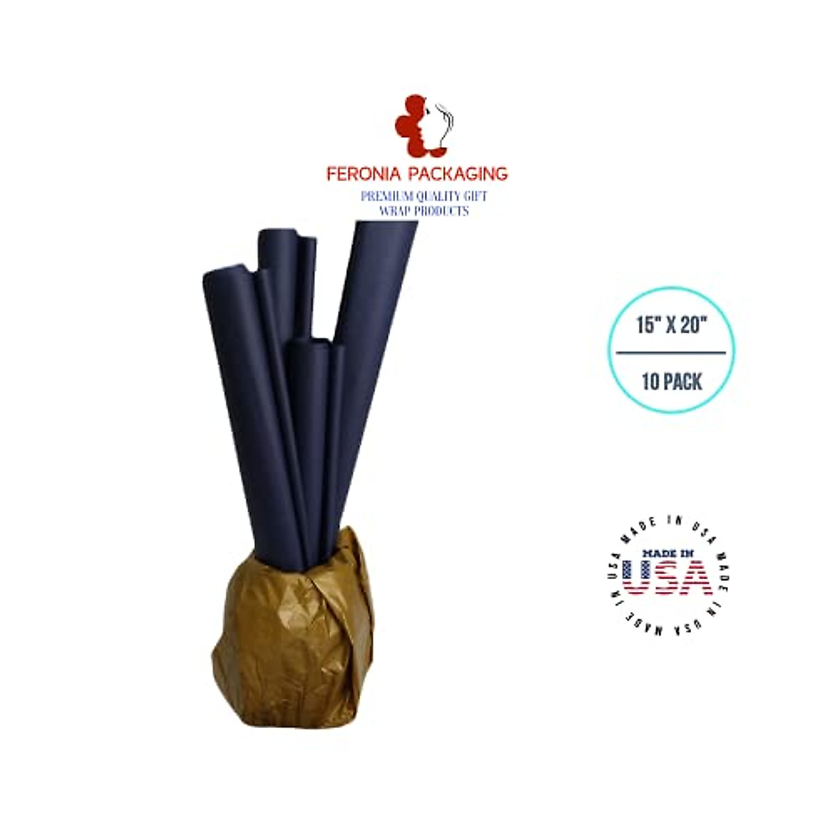 Navy Blue Tissue Paper Squares, Bulk 10 Sheets, Premium Gift Wrap and Art Supplies for Birthdays, Holidays, or Presents by Feronia packaging, Large 15 Inch x 20 Inch Made in USA