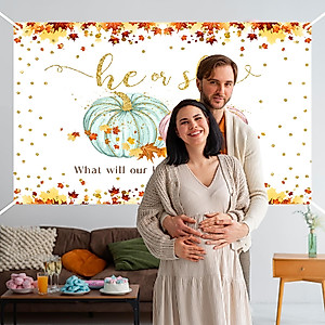 MEHOFOND XtraLarge Pumpkin Gender Reveal Banner Backdrop(72x44Inch) Fall Pumpkin Baby Shower Party Decorations Supplies Thanksgiving Baby Shower Banner Autumn Golden Maple Leaves Party Decorations