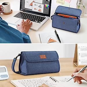 FINPAC Big Capacity Pencil Case, Pen and Marker Holder Organizer Bag, Canvas Pencil Box Stationery Pouch w/Zipper and Wrist Strap for Adults Artist College Senior, Navy