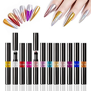 RoseFlower 12 Colors/Set Chrome Nail Powder Pen Holographic Nails Powder with Mirror Effect, Manicure Cushion, Neon Holographic Metallic Luster Powder Aurora Effect Pigment Glitter Fine Nail Art