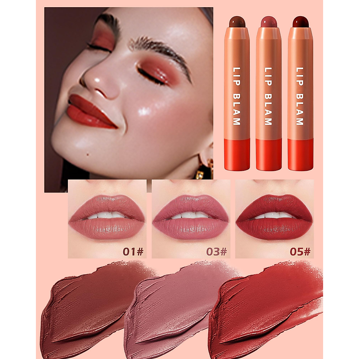 Hydrating Tinted Lip Balm Set-3Pcs Natural Gloss Lip Balm Plumper,Long Lasting Lipgloss Creamy Lipstick,Lightweight High-Pigment Lip Stain Pen Lip Crayon Stick, Christmas Makeup Gift for Women-Set A