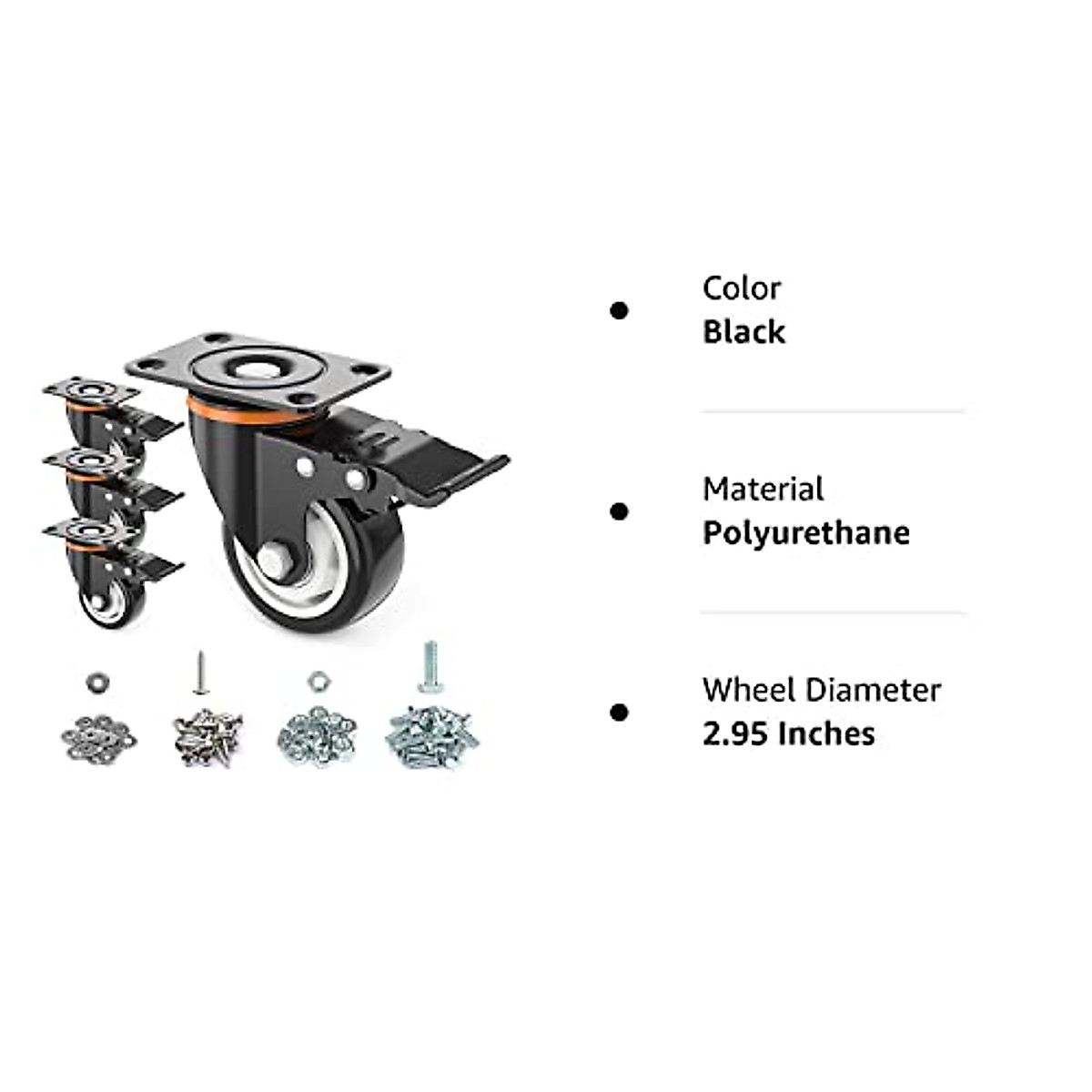 3” Caster Wheels,Set of 4,Heavy Duty Swivel Casters with Brake, Safety Dual Locking and No Noise Polyurethane (PU) Wheels,Swivel Plate Castors(TWO HARDWARE KITS for Free)