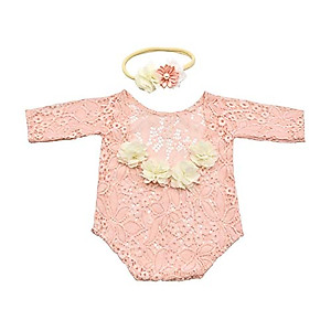 Yuehuam Newborn Girl Photography Outfits Cute Lace Rompers Photography Props with Flower Headband Baby Photo Props Bodysuit Outfit