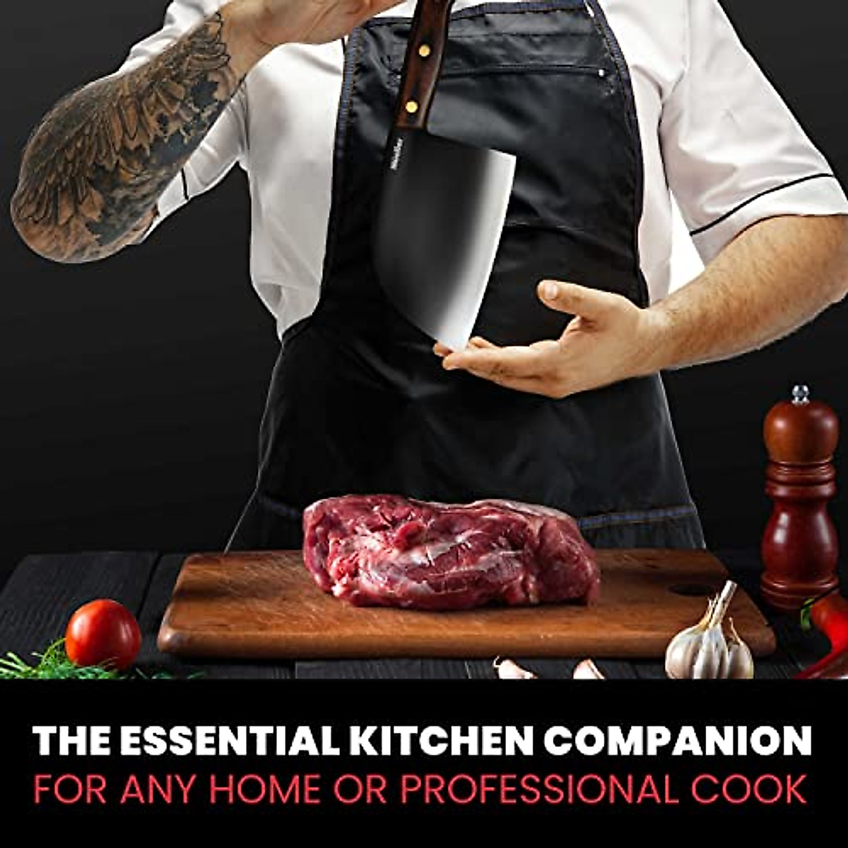 Mueller UltraForged Professional Meat Cleaver Knife 7" Handmade High-Carbon Clad Steel Serbian Chef Knife with Leather Sheath, Full Tang Pakkawood Handle, Multi-functional for Kitchen, Camping, BBQ