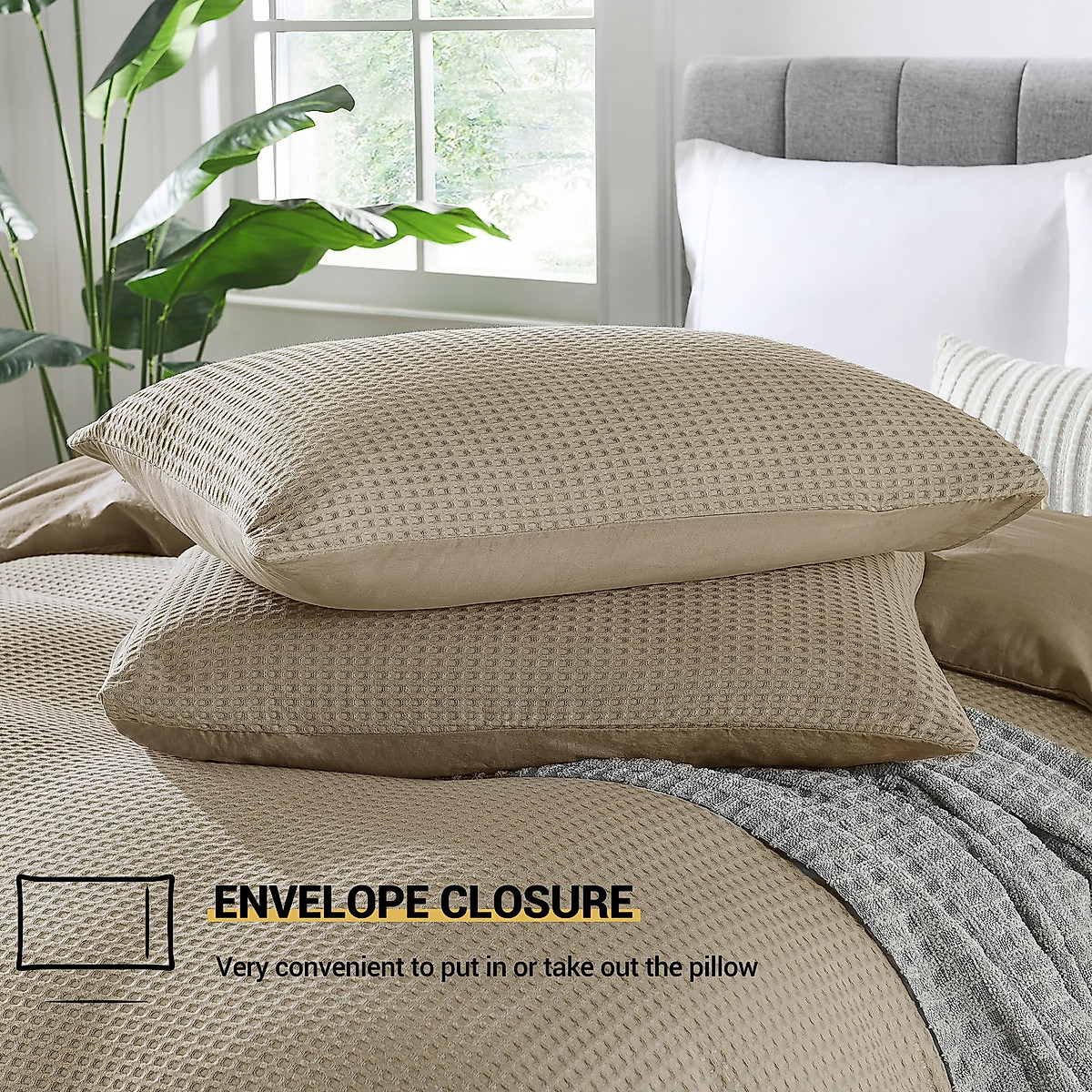Rosecret Cotton Waffle Duvet Cover Queen, Blend Viscose Derived from Bamboo, Soft Breathable Comforter Cover with Pillow Shams for All Seasons, Khaki