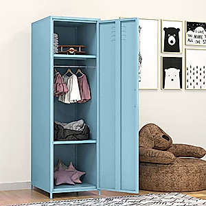 Sweiko Metal Locker Cabinet Storage Cabinet Locker for Bedroom School Classroom Single Door Steel Locker for Toys and Clothes with Hanging Rod and Shelves Blue