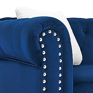 Melpomene 3 Pieces Blue Velvet Living Room Sofa Set Including 3-Seater Sofa Loveseat and Sofa Chair, with Button Tufted Nailhead and 5 White Villose Cushions (1+2+3 seat)