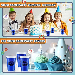 48 Pcs Disposable Video Game Party Plastic Cups, 16 oz Blue Video Game Party Favors Plastic Stadium Cups, Hot Cold Drinks for Kids Gamer Birthday Video Game Party Decorations, 4 Design
