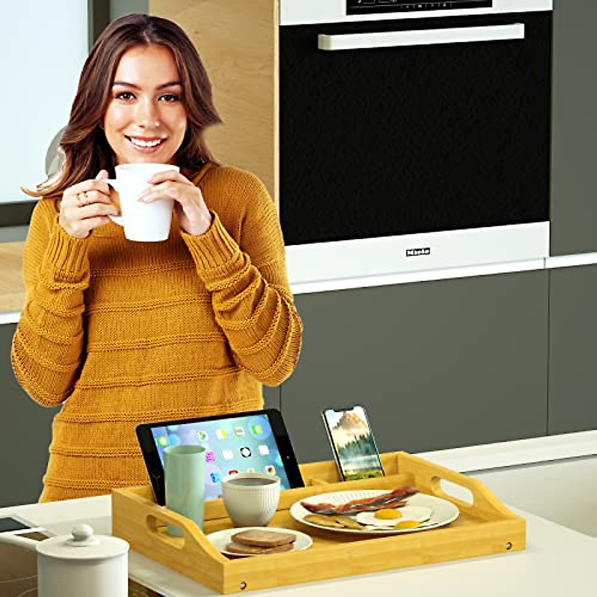 Bed Tray Table with Handles Folding Legs,Bamboo Breakfast Food Tray with Media Slot,Use As Platter,Laptop Desk,Snack,TV Tray Kitchen Serving Tray(Beige,Medium)