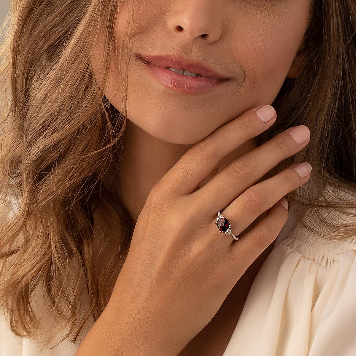 PEORA Garnet Ring for Women in 14K White Gold with White Topaz, Genuine Gemstone Birthstone, Designer 2.50 Carats Cushion Cut 8mm, Size 6