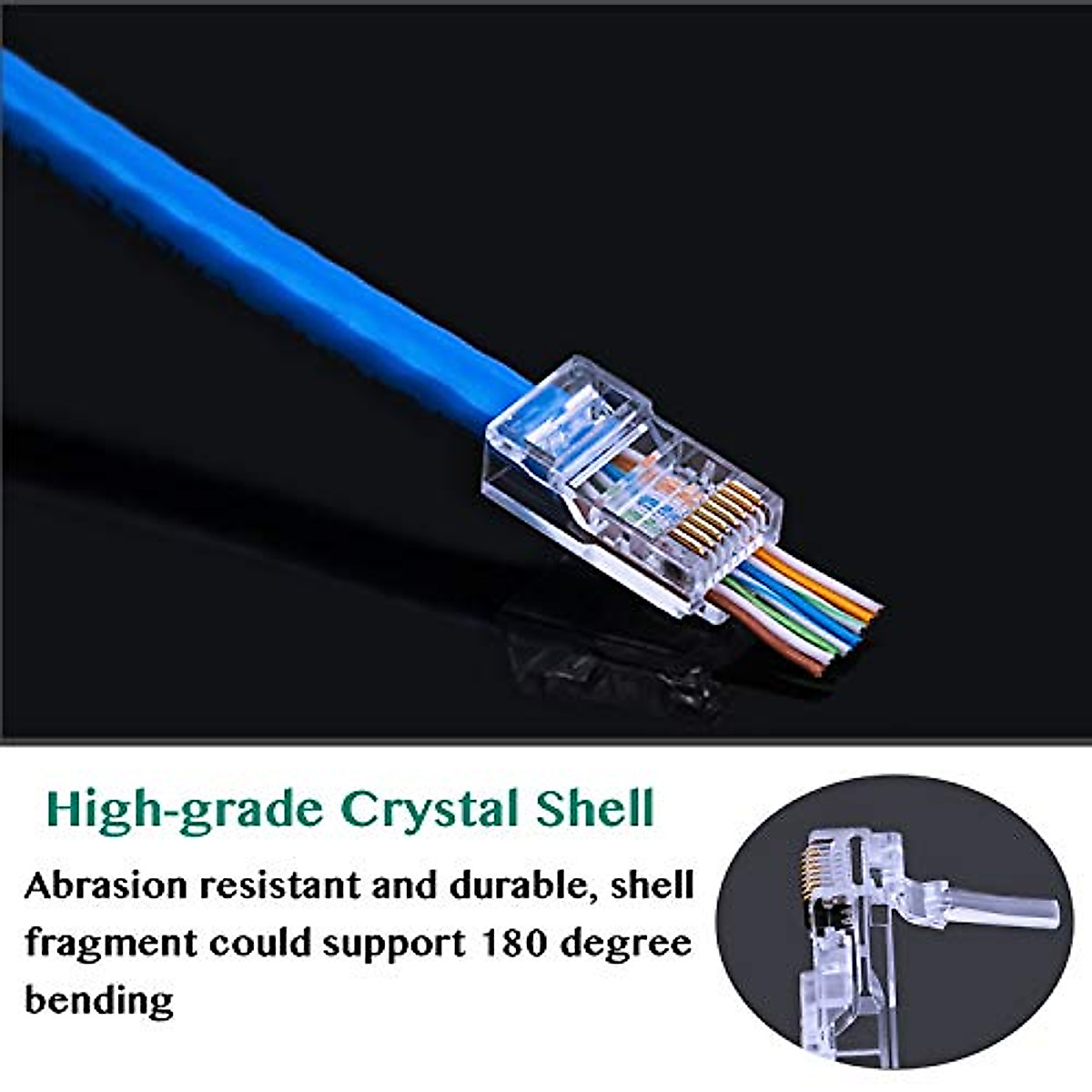 Kinoth RJ45 CAT6 Pass Through Connectors 100 Pack - Easy and Fast Termination - Gold Plated 3 Prong 8P8C Modular Ethernet UTP Network Cable Plug End for Cat6 Cat5e