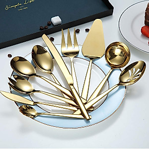 Berglander Gold Serving Utensils 10 Pieces, Titanium Golden Plating Serving Spoons, Included Cake Knife Cake Server Serving Forks Sugar Spoon Salad Spoon Forks Butter Knife Gravy Ladle ect.