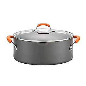 Rachael Ray Brights Hard-Anodized Nonstick Cookware Set, 14-Piece Pot and Pan Set, Gray with Orange Handles & Ray Brights Hard Anodized Nonstick Pasta Pot/Stockpot/Stock Pot - 8 Quart, Gray