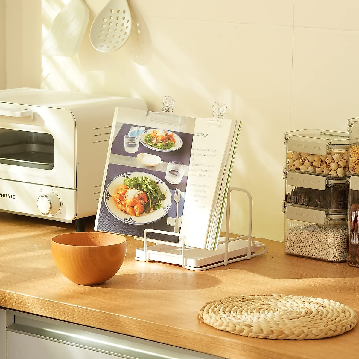 SUNFCON Upgraded Pot Pan Lids Holder Large Cookbook Stand Spoon Rest Cutting Board Rack Chopping Board Organizer Stand w Drip Tray Kitchen Countertop White