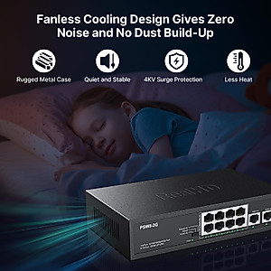 8 Port Full Gigabit PoE+ Switch with Rack Mount Ears, with 2 Gigabit Uplink Ports Up to 30W Per PoE Port, Total Budget 120W, 48 Volt 803.af/at Compliant, Compatible with PoE IP Cameras VOIP Phones