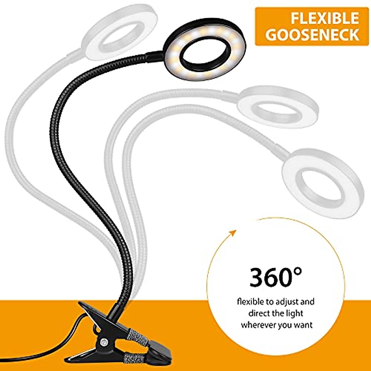 iVict Clip on Ring Light, USB Desk Lamp with 3 Color Modes, 10 Brightness Levels, Eye Protection LED Desk Light, 360° Flexible Gooseneck LED Desk Lamp for Desk Headboard and Video Conferencing