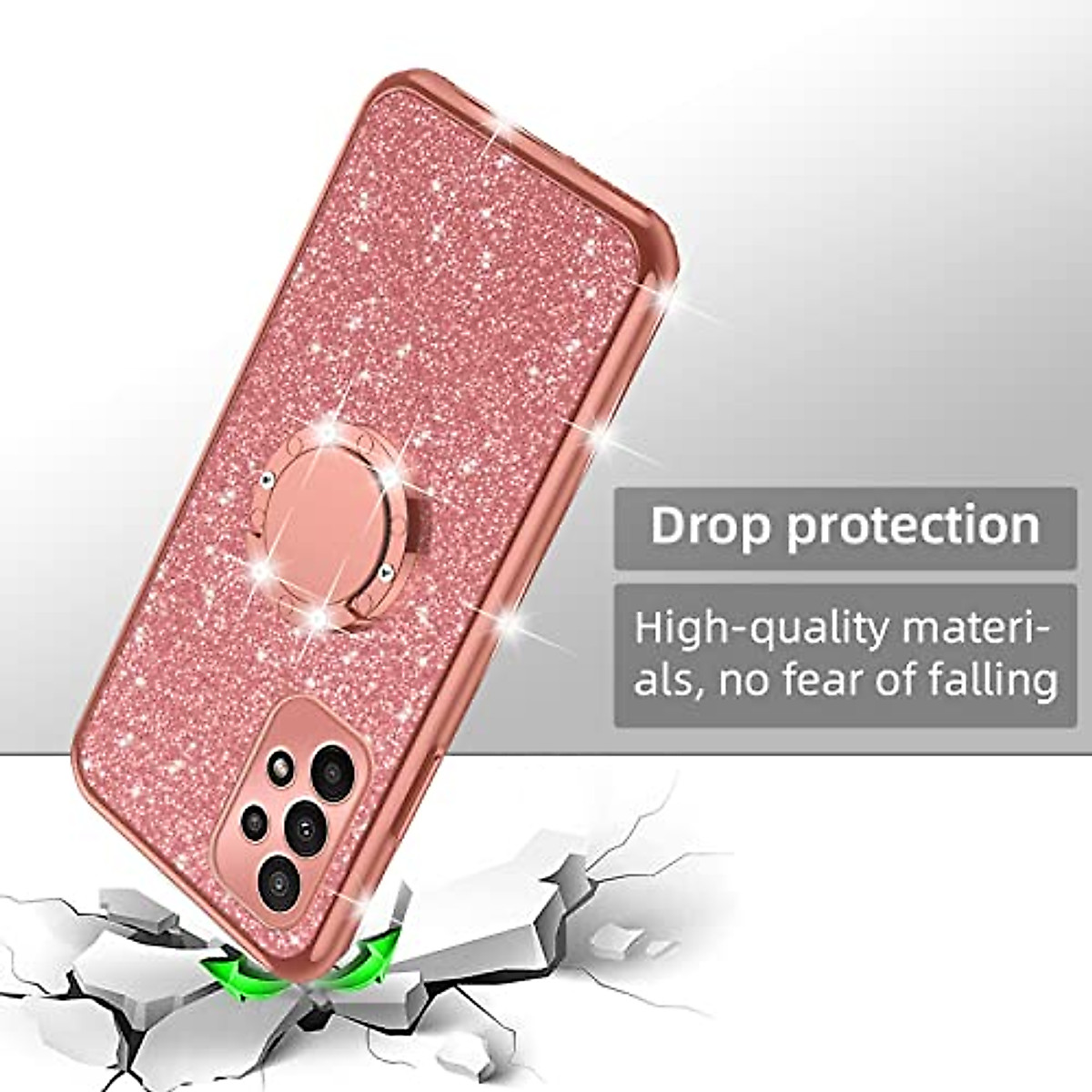 nancheng for Galaxy A23 5G Case, Case for Samsung A23 5G Girls Women Glitter Cute Soft TPU Cover with Ring Kickstand Strap Lanyard Bumper Shockproof Protective Cell Phone Case for A23 5G - Rose Gold