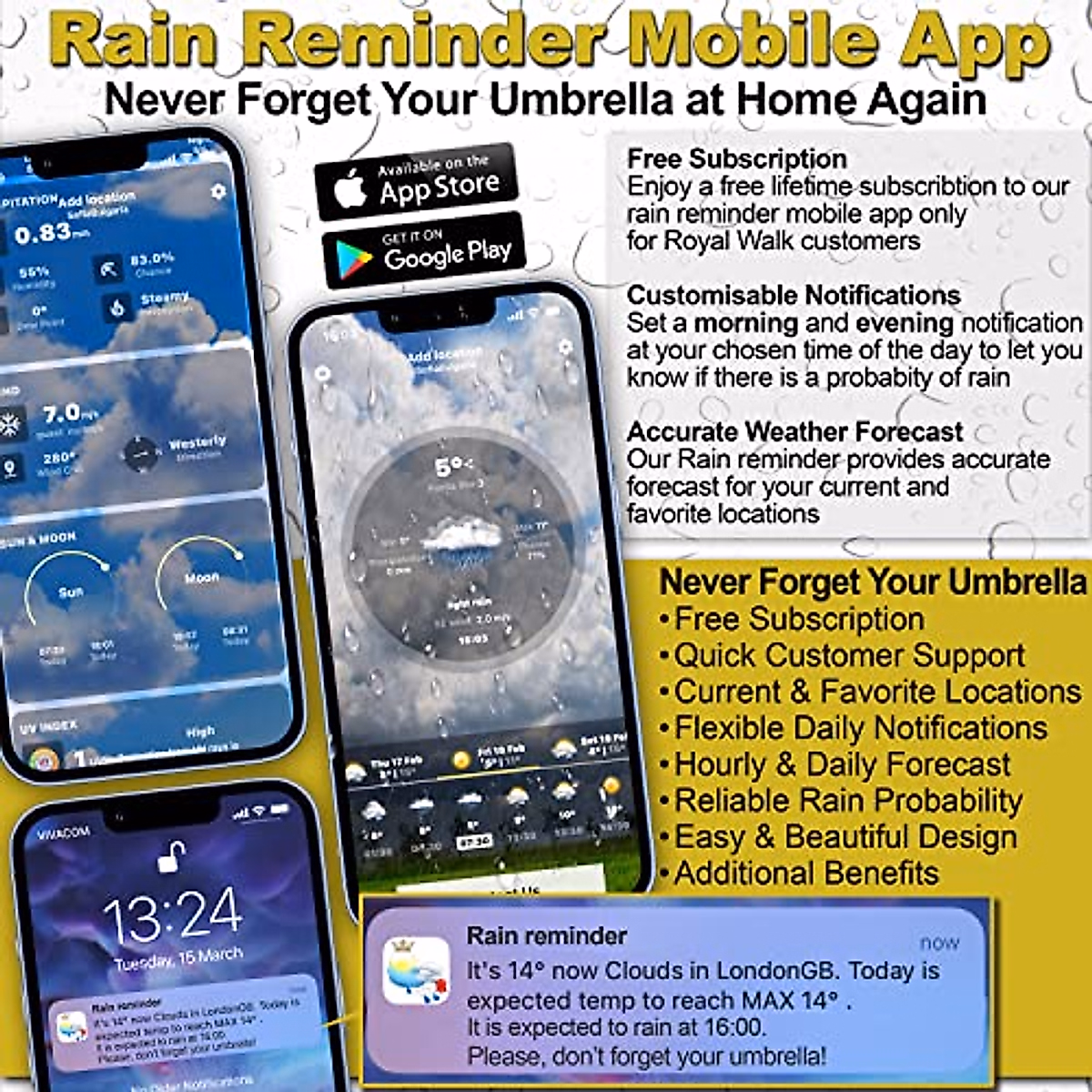 Royal Walk Large Windproof Umbrella for 2 People, 54 Inch, Dark Green, Auto Open, Wooden Handle, 16 Ribs, Travel Size