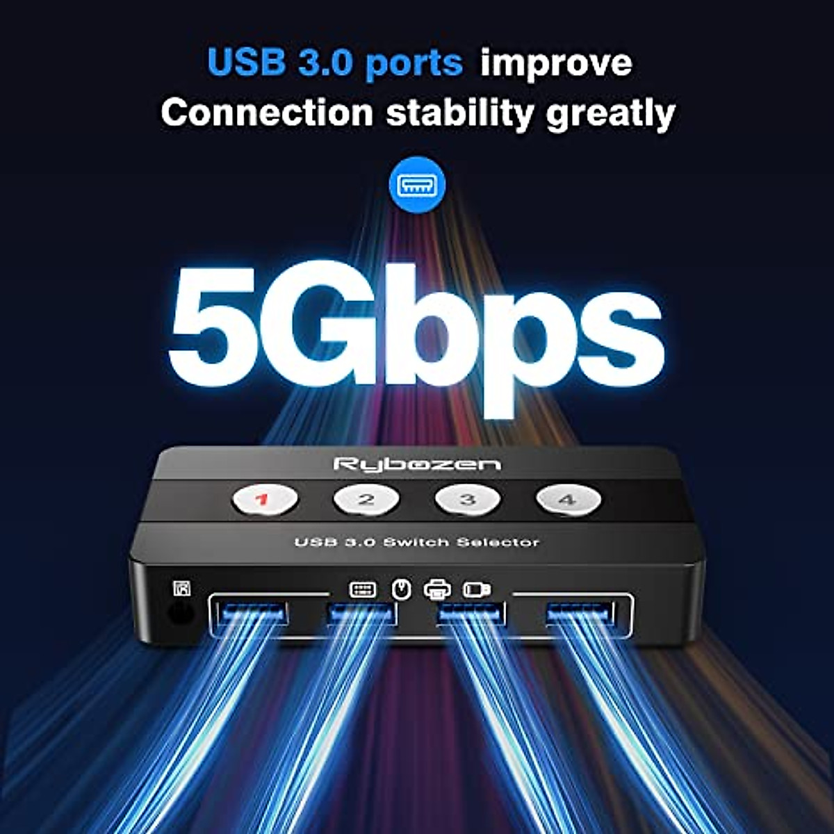 Rybozen USB 3.0 Switch 4 Ports for 4 PC 4 Inputs 4 Outputs USB Switch for Printer Keyboard Mouse Stick USB Hard Drive External Scanner, with Remote Control…