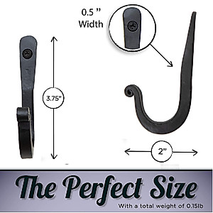 Stur-De Decorative Hooks for Wall - Wrought Iron Hooks for Hanging Coats, Hats, Bags, Towel Hooks for Kitchen or Bathrooms - Heavy Duty Black Hooks - 3.75 x 0.5 x 2 Inch (Black, 3 Hooks)