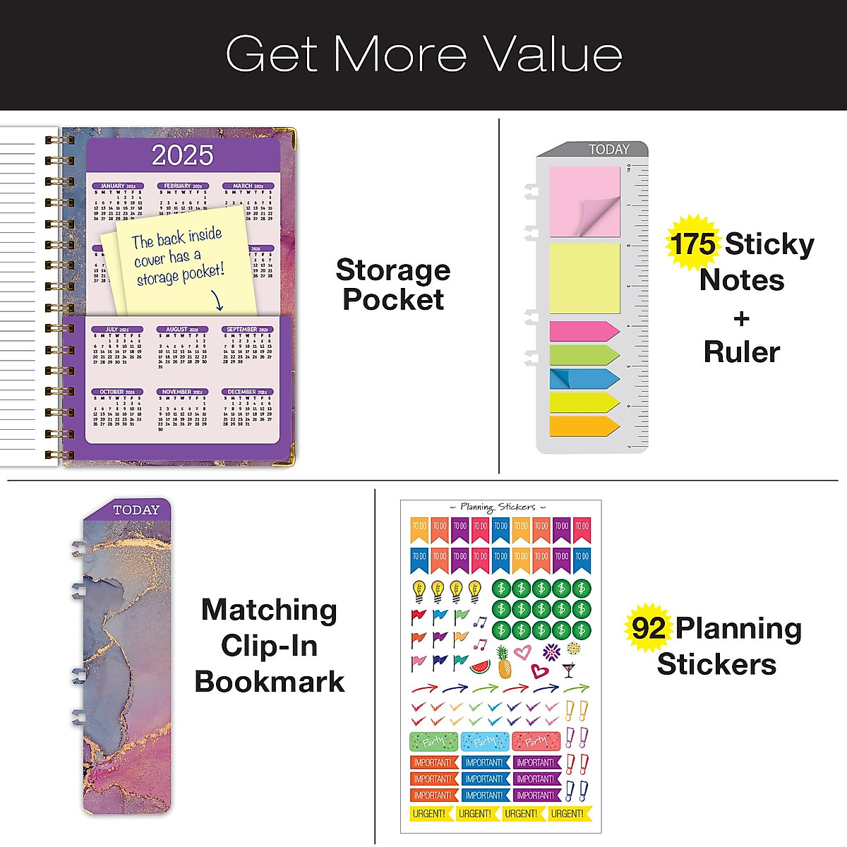 Global Printed Products HARDCOVER 2024 Planner: (November 2023 Through December 2024) 5.5"x8" Daily Weekly Monthly Planner Yearly Agenda Bookmark, Pocket Folder & Sticky Note Set (Pink Purple Marble)