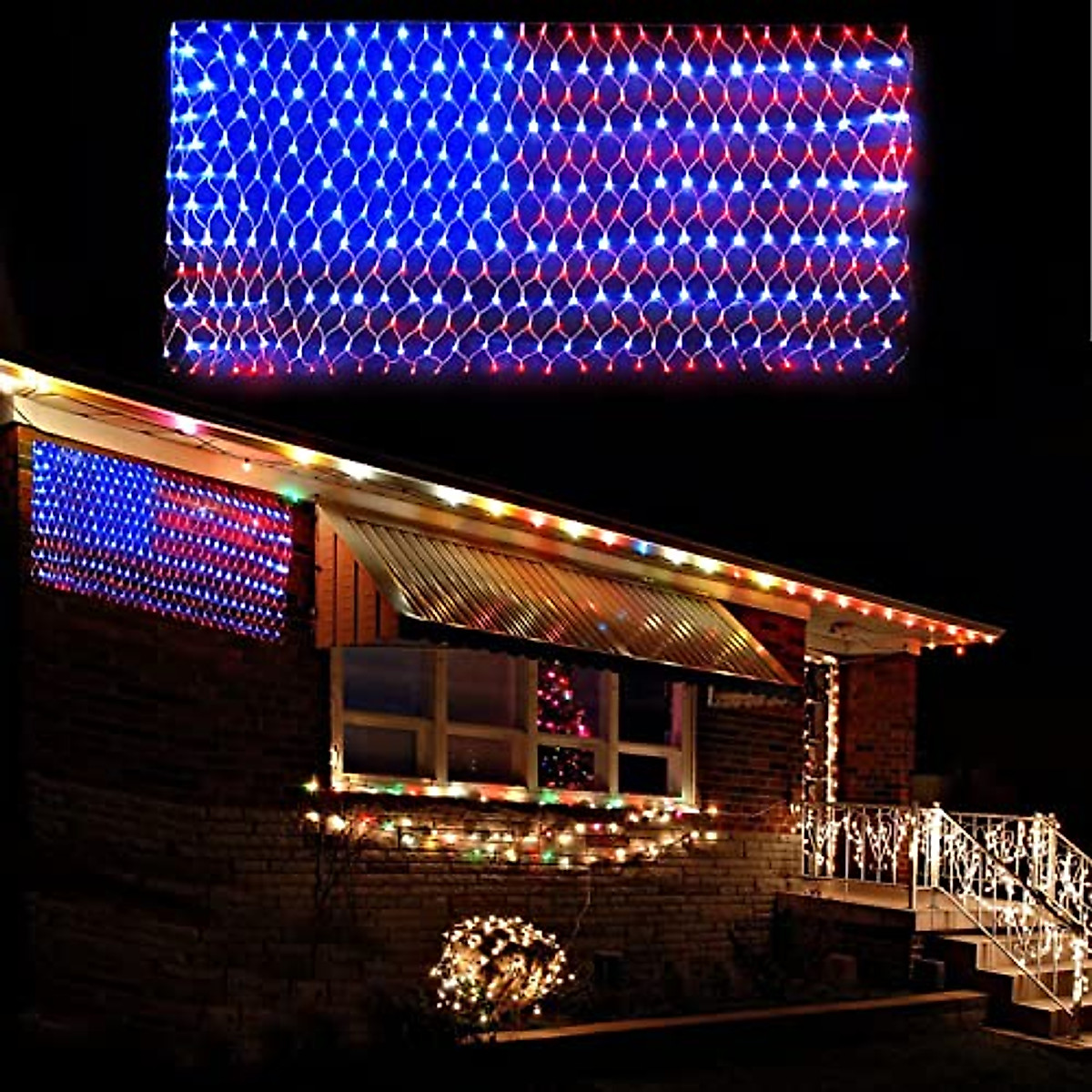 DANLI American Flag String Lights, Waterproof 420 LED String Lights, US Flag Light with Plug,Net Light Holiday Decoration for Garden Patio July 4th National Day Independence Day Memorial Day