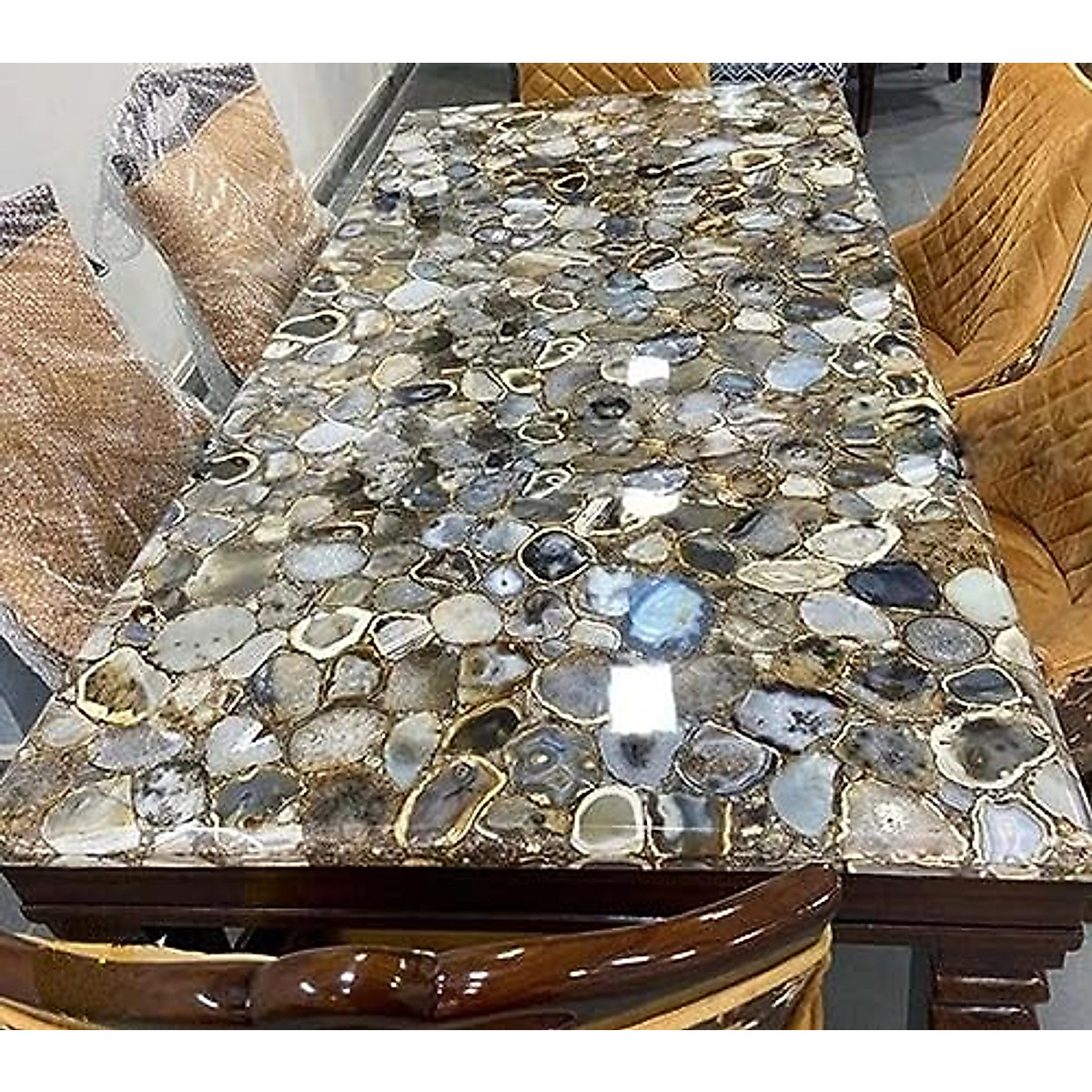 36 x 60 Inches Royal Look Kitchen Slab with Epoxy Art Marble Rectangle Shape Dining Table from Indian Heritage Art and Crafts