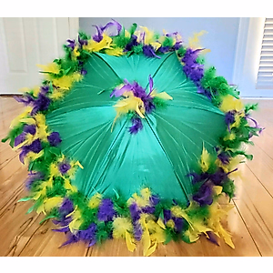 New Orleans Mardi Gras Green Second Line Parasol Umbrella with Purple, Green, Yellow Feather Accent