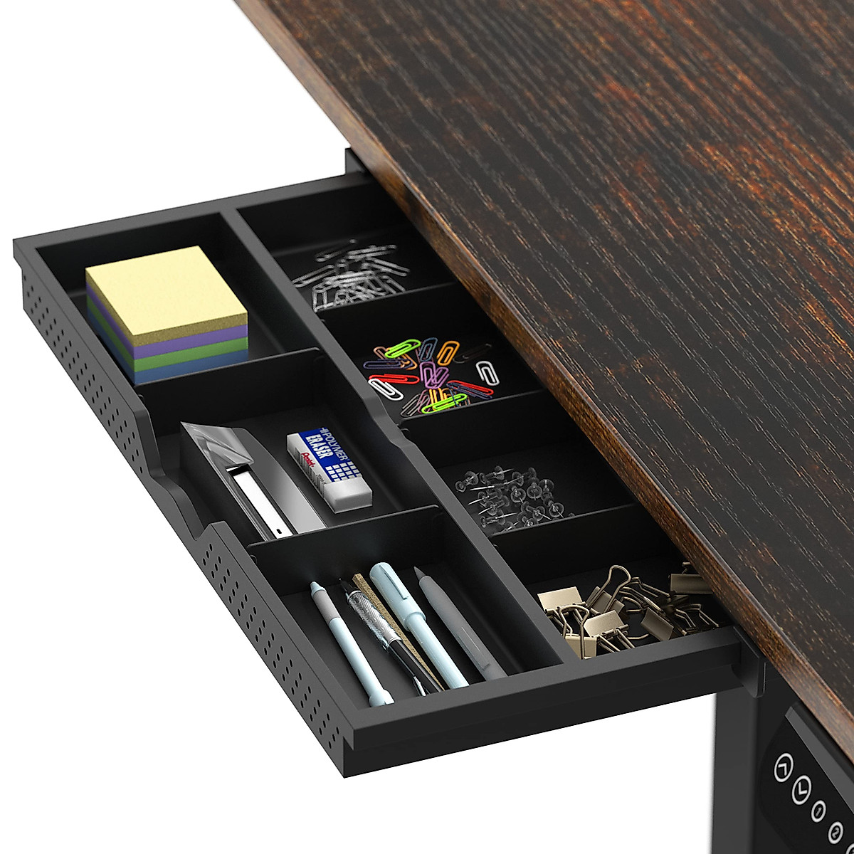 SHW Small Electric Height Adjustable Mobile Sit Stand Desk with Drawer, Hanging Hooks and Cable Management, 40 x 24 Inches, Rustic Brown