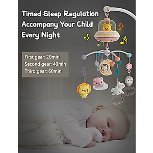 BSROLUNA Baby Crib Mobile with Music and Lights, Baby Mobile for Crib with Remote Control, Hanging Rotating Animals Rattles, 16 Songs and Timing Function, Cartoon Baby Crib Toys for Girls (BabyPink)