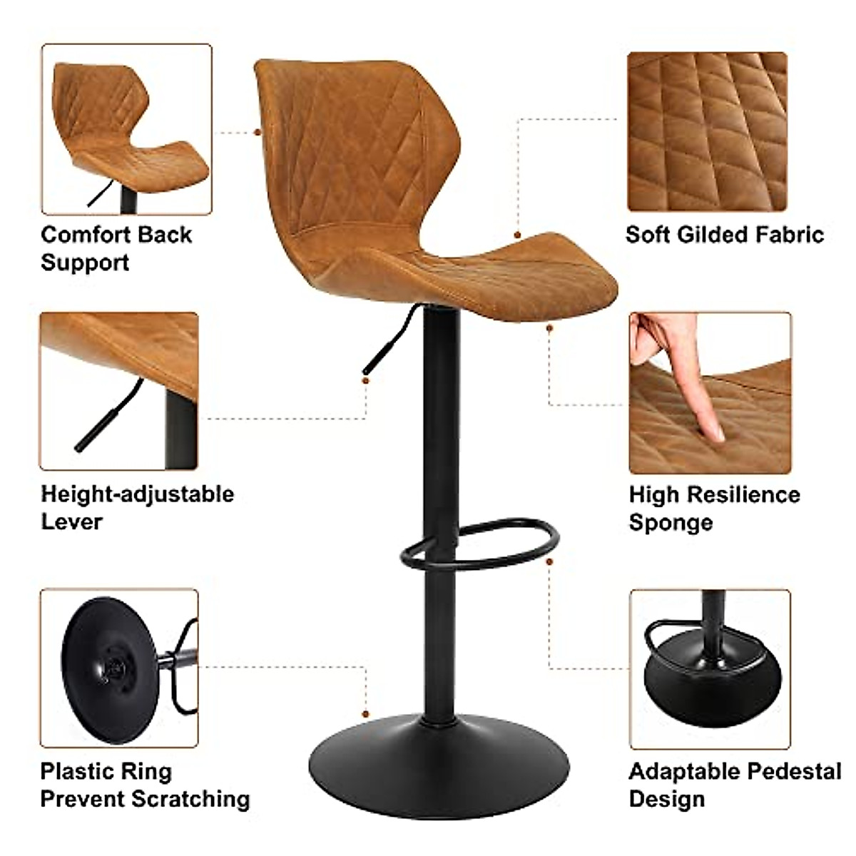 SUPERJARE Adjustable Bar Stools Set of 2, Rustic Swivel Barstools with Back, Modern Counter Height Chairs for Pub Kitchen, Brown