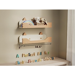 TomVista Nursery Floating Shelves, 16.5 Inches Cute Decorative Shelf for Bedroom, Kids' Room, Wall Mounted Wood Bookshelf Organizer for Wall Storage, White/Sandy Beige, Set of 3