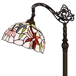 WERFACTORY Tiffany Floor Lamp Hummingbird Flower Stained Glass Arched Lamp 12X18X64 Inches Gooseneck Adjustable Corner Standing Reading Light Decor Bedroom Living Room S801 Series