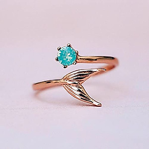 Pura Vida Rose Gold Disney Little Mermaid Fin Open Ring w/Opal Stone - Textured Charm, Brass Base - Size 6