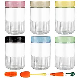 6-Pack 16 oz Glass jars with Airtight Lids,Leak Proof Mason jars,Overnight Oats Containers with Lids,Glass Food Storage Containers for Snacks Yogurt Spice Sugar,3-in-1 Cleaning Brush,3 pcs Brush Head
