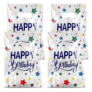Hxezoc 50 Pieces Birthday Candy Bags Happy Birthday Goodie Bag Plastic Treat Bags Gift Wrap with Handles Favor Bags For Birthday Party Decoration Supplies (White)