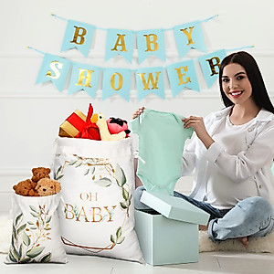 Tudomro 4 Pieces Large Gift Bag with Drawstring Baby Shower Canvas Gift Bags Greenery Print Birthday Gift Bags Reusable Gift Wrap Bags for Baby Shower Party Favors, 2 Sizes