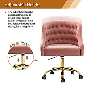 Velvet Home Office Chair with Gold Base, Comfortable Modern Cute Desk Chair, Adjustable Swivel Task Chair for Living Room Bedroom Vanity Study, Pink