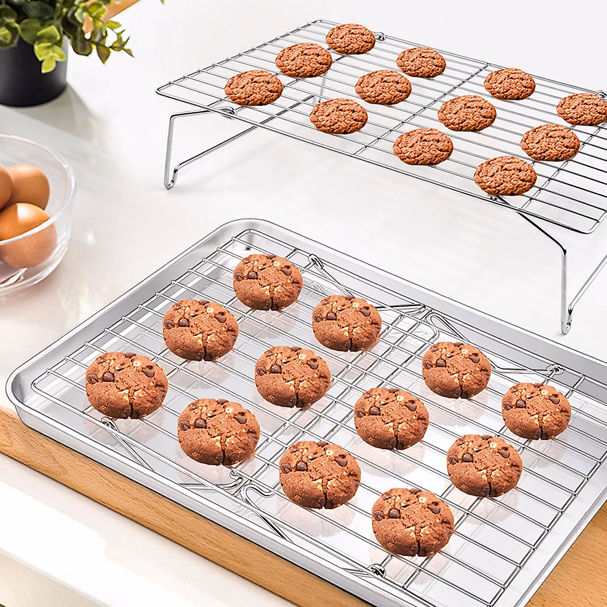 Baking Sheet and 2-Tier Cooling Racks Set, P&P CHEF Stainless Steel Baking Pan Tray with Stackable Cooking Wire Rack for Cookie Bacon Meat, Uncoated & Non-toxic, Mirror Finish& Dishwasher Safe - 3Pcs