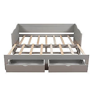 CITYLIGHT Twin to King Daybed with Storage Drawers, Wood Extendable Daybed with Trundle, Kids Sofa Bed Frame for Bedroom Living Room, No Box Spring Needed (Twin to King, Gray)