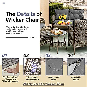 Auzfy Outdoor Patio Furniture Set, 7 Pieces PE Wicker Patio Conversation Sets, Rattan Outdoor Sectional Furniture Set with 4 Pillows & Coffee Table for Garden Backyard Deck, Grey Cushions