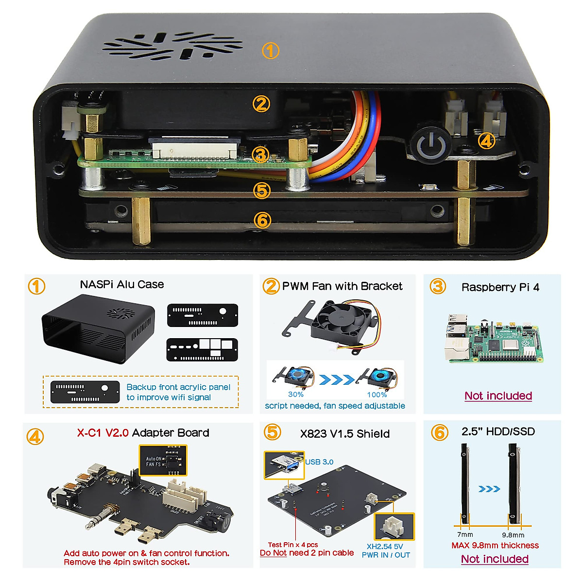 Geekworm NASPi V2.0 2.5 inch SATA HDD/SSD NAS Storage Kit with Safe Shutdown & Auto Power On Function for Raspberry Pi 4 Model B(Not Include Raspberry Pi 4)