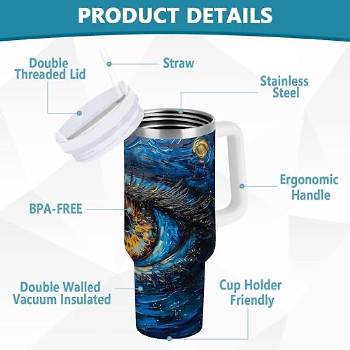 RPLIFE Beautiful Eye Style Blue Tumbler, Stainless Steel Mug, Cups with Lids and Straws
