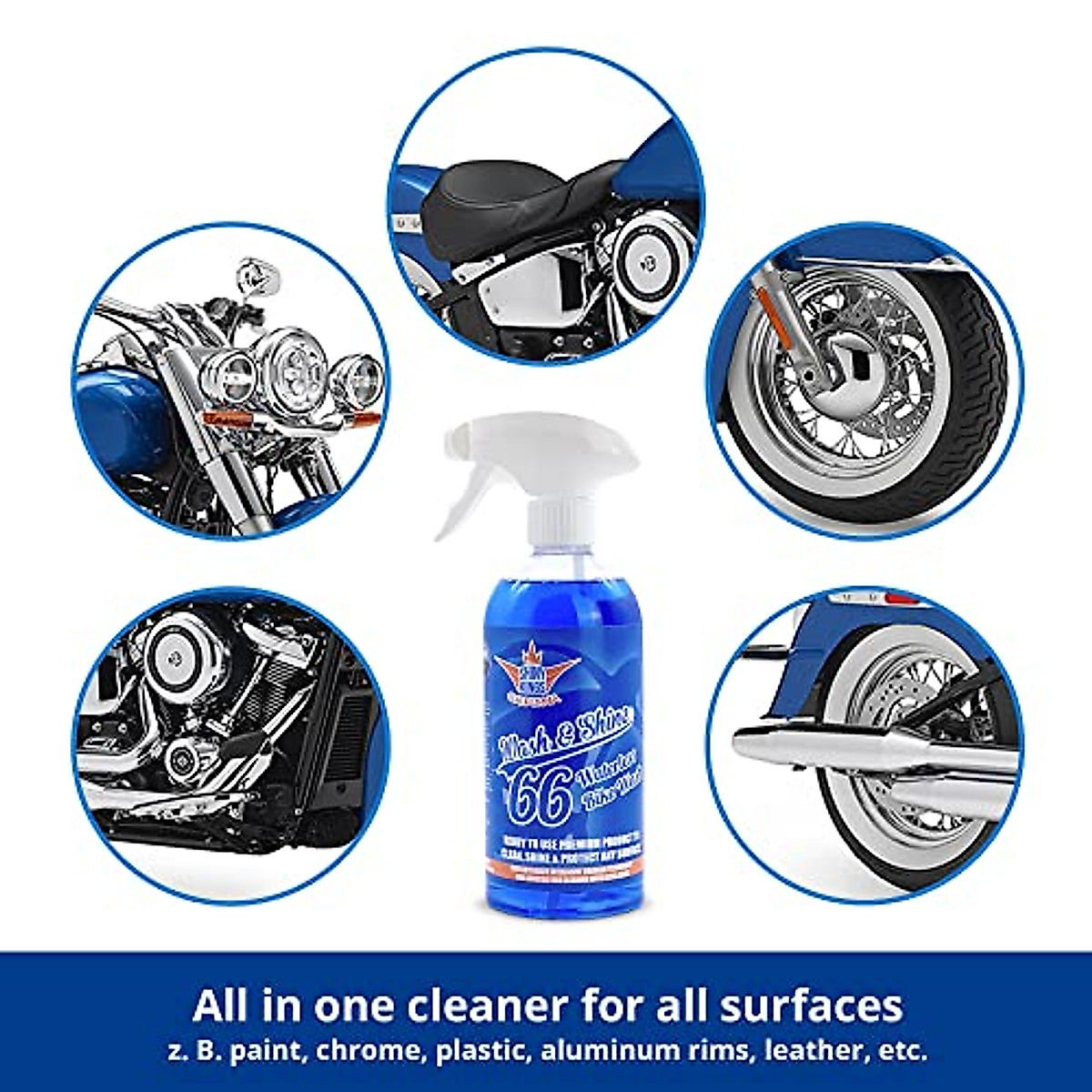 Shinykings Motorcycle Cleaner Wash&Shine 66 | WATERLESS Motorcycle Wash with Ultra Shine Effect | Powerful Detailing Spray for All Surfaces | Motorcycle Cleaning Kit | 16.9 fl.oz