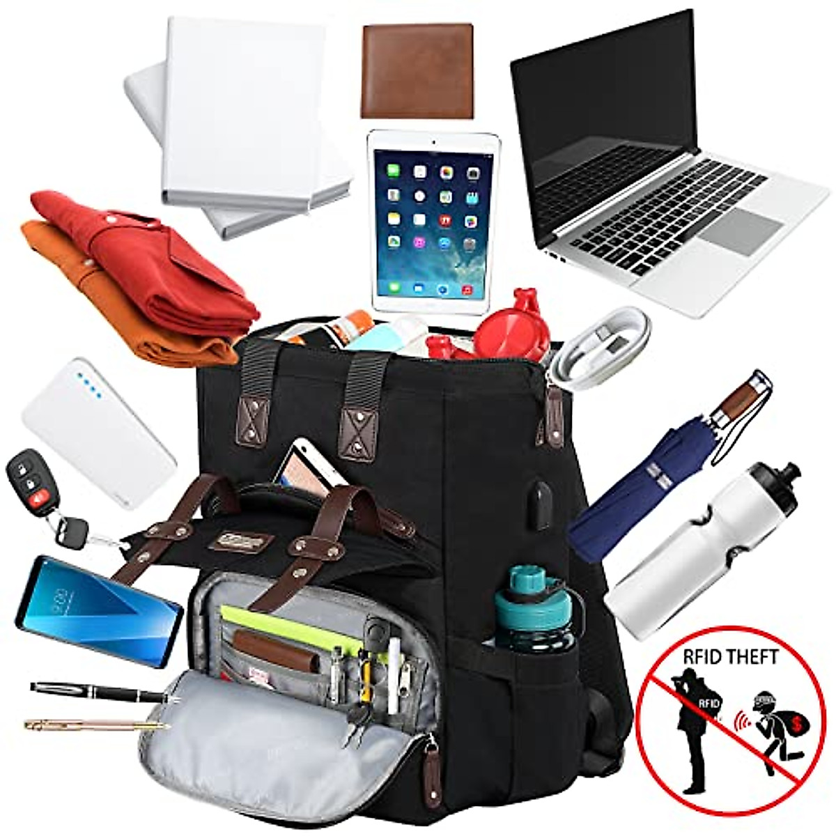 FALANKO Laptop Backpack For Women, Work Doctor Teacher Nurse Wide Open College 17.3 Inch Laptops Backpack Purse with USB Charging Port, Travel Water Resistant RFID Computer Bag for Men Women Black