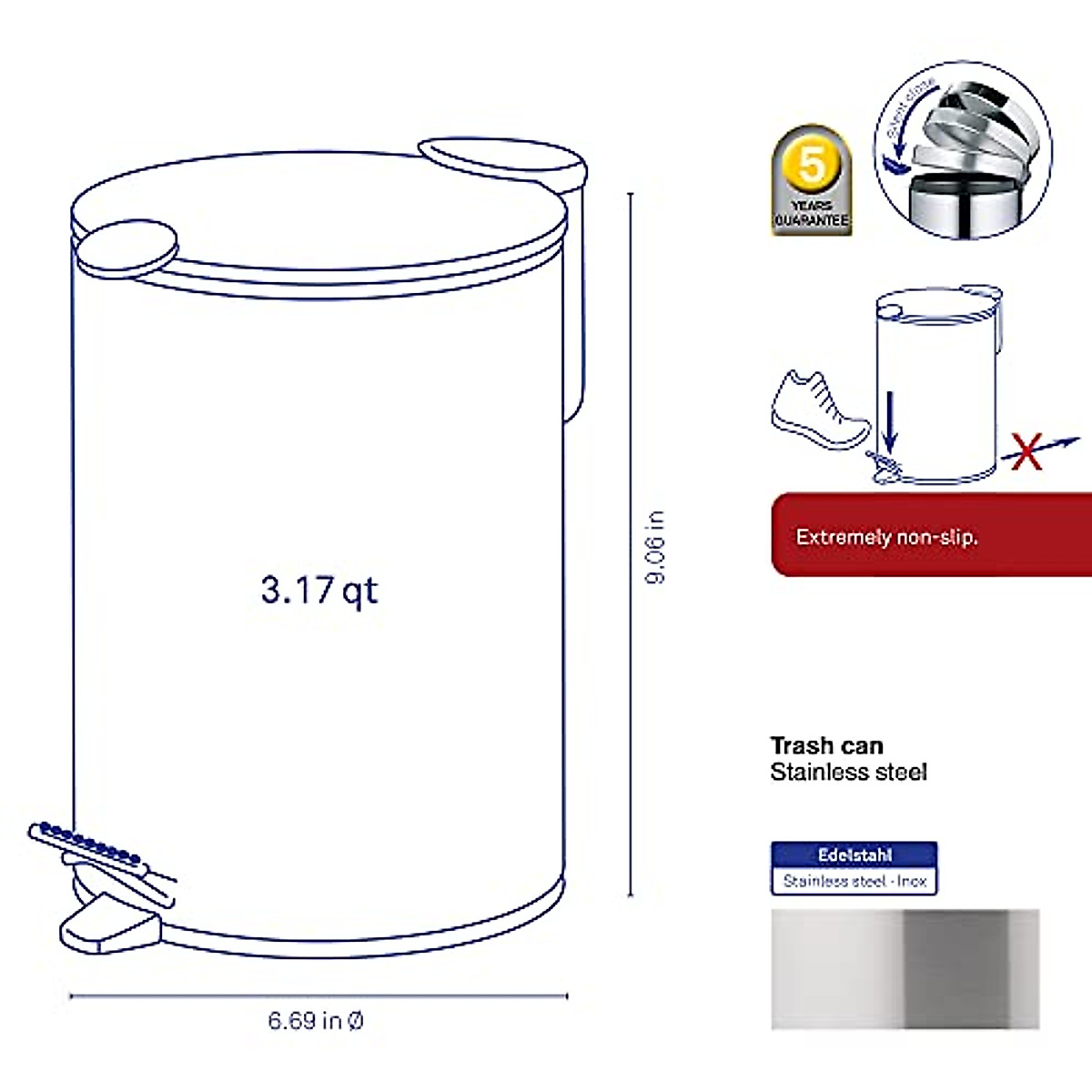 Kela Bathroom Trash Can with Soft Close, Step-On Lid, Silver, 0.8 Gallons, 9 inches Tall, Small Waste