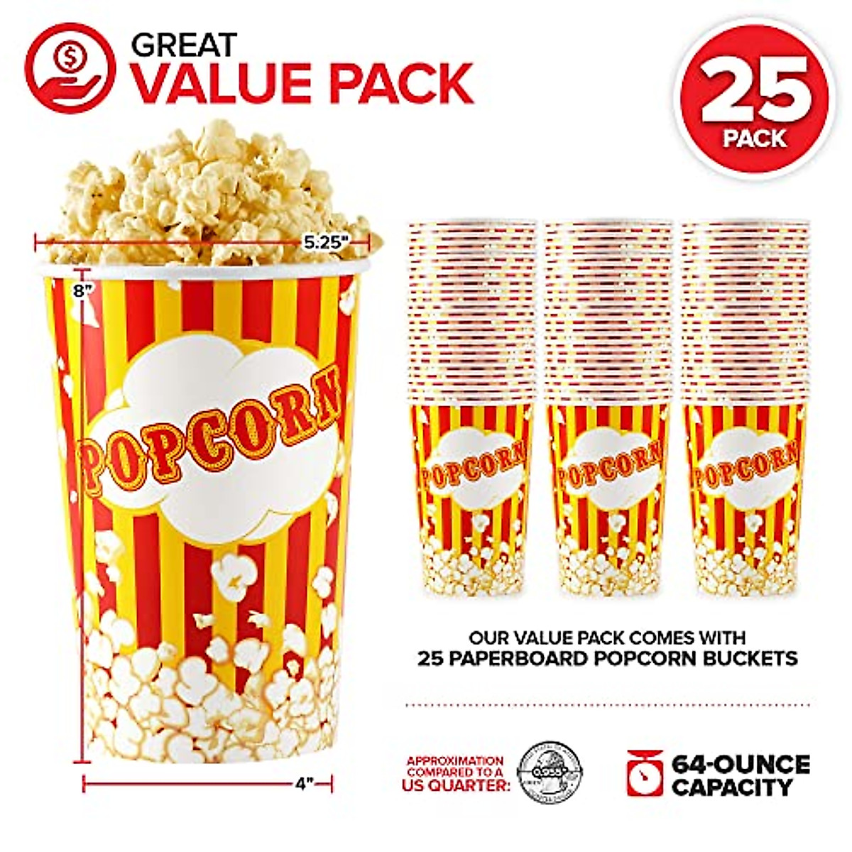 64 Oz Disposable Popcorn Buckets for Movie Nights