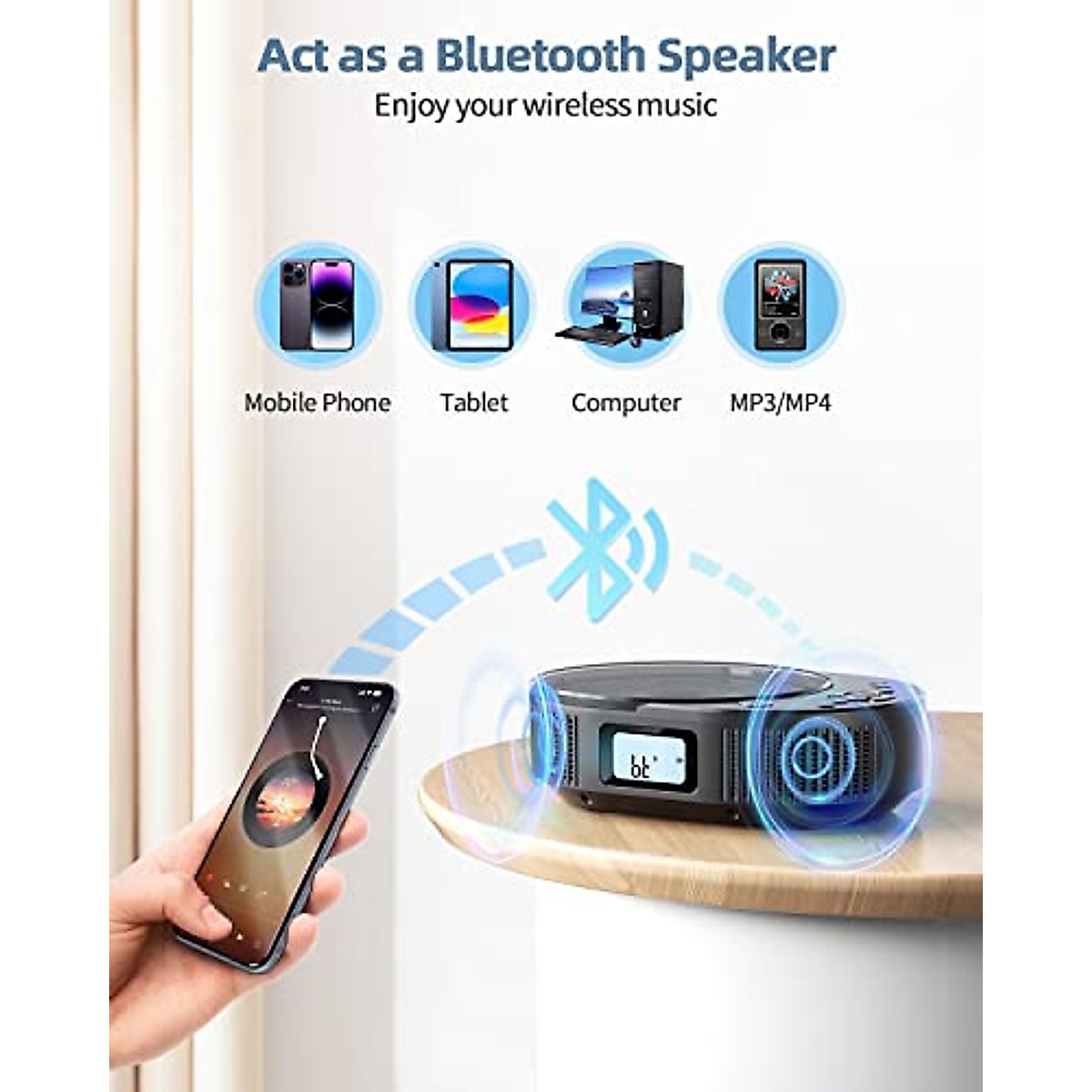 CD Player Portable, FELEMAN Upgraded 2 in 1 Portable CD Player & Bluetooth Speaker, Rechargeable Boombox CD Player for Car/Home with Remote Control, FM Radio, Support AUX/USB, Headphone Jack