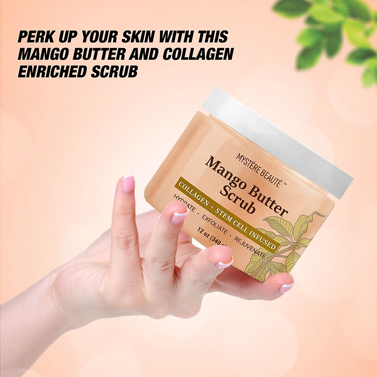 Mango Butter Body Scrub with Collagen and Stem Cells 12 oz - Exfoliating Salt Scrub for Cellulite - Deep Cleansing for Acne, Scars, Wrinkles - Moisturizes Skin