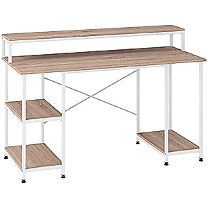 HOMCOM 55 Inch Home Office Computer Desk Study Writing Workstation with Storage Shelves, Elevated Monitor Shelf, CPU Stand, Durable X-Shaped Construction, Oak Wood Grain